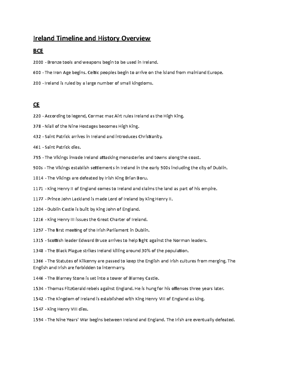 Ireland Timeline and History Overview - Ireland Timeline and History Overview BCE 2000 - Bronze ...