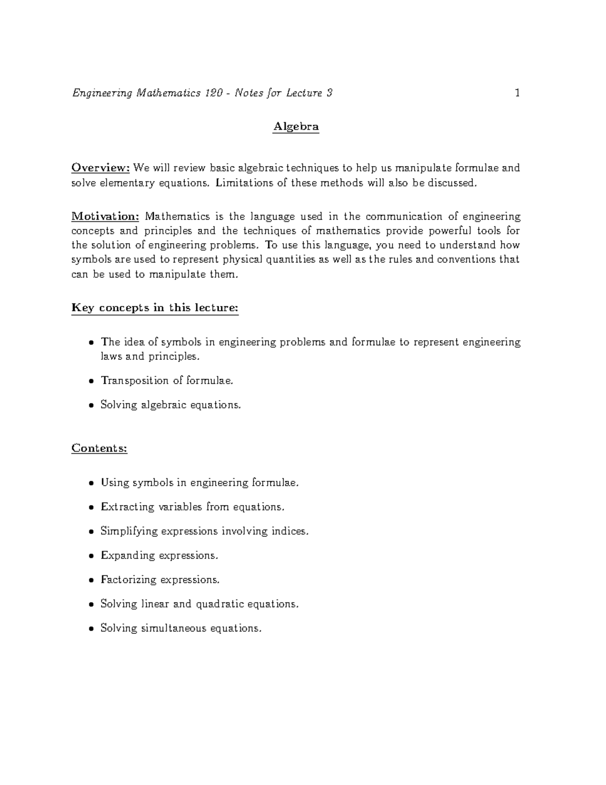 Lec 3 - Lecture notes - Algebra Overview: We will review basic ...