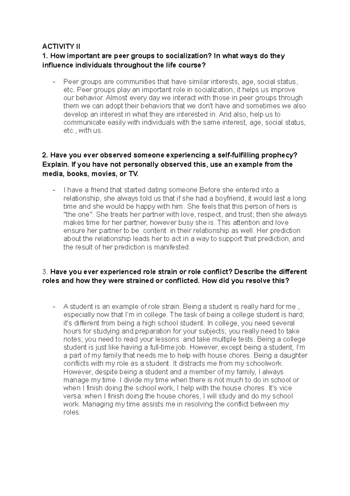 Sociology - N/A - ACTIVITY II How important are peer groups to ...