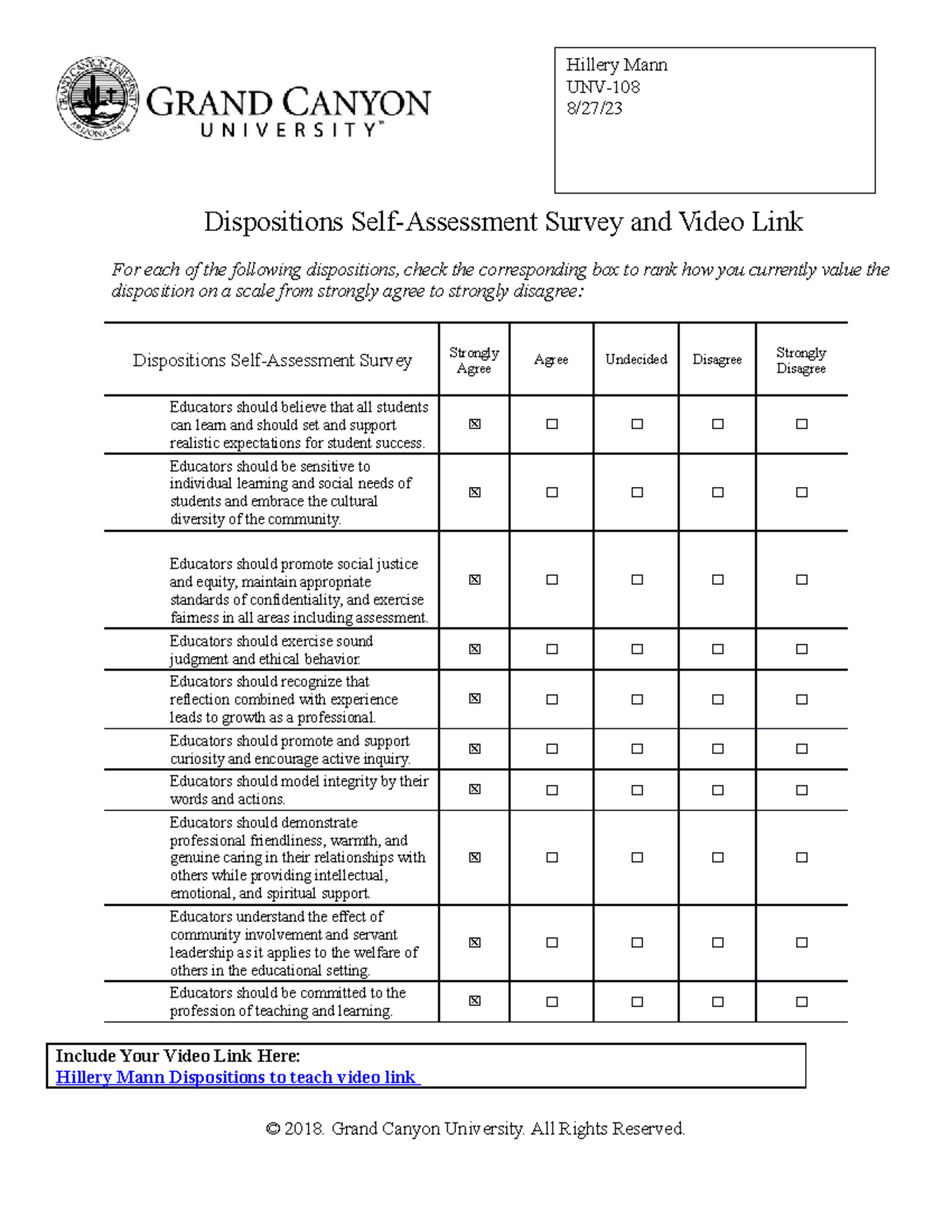 UNV-108 Topic 5 Dispositions Self-Assessment Survey - Dispositions Self ...