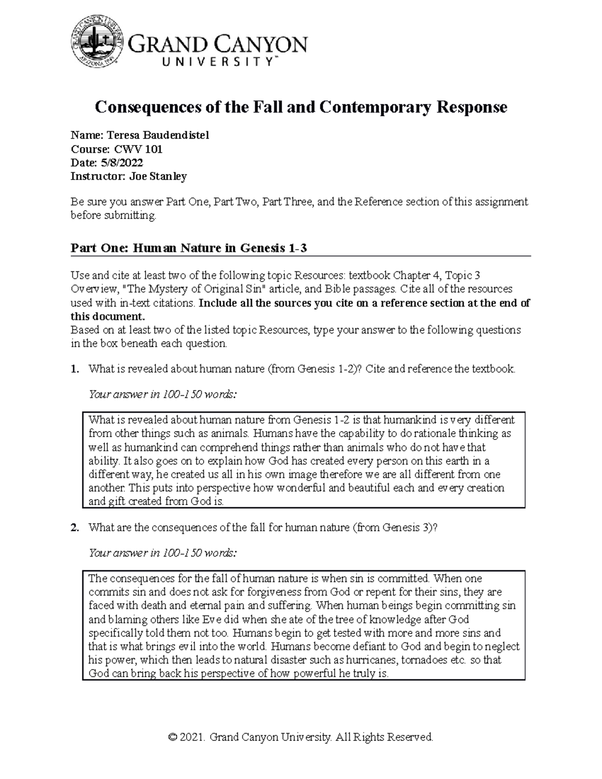 CWV 101 Week 3 Assignment - Consequences of the Fall and Contemporary ...