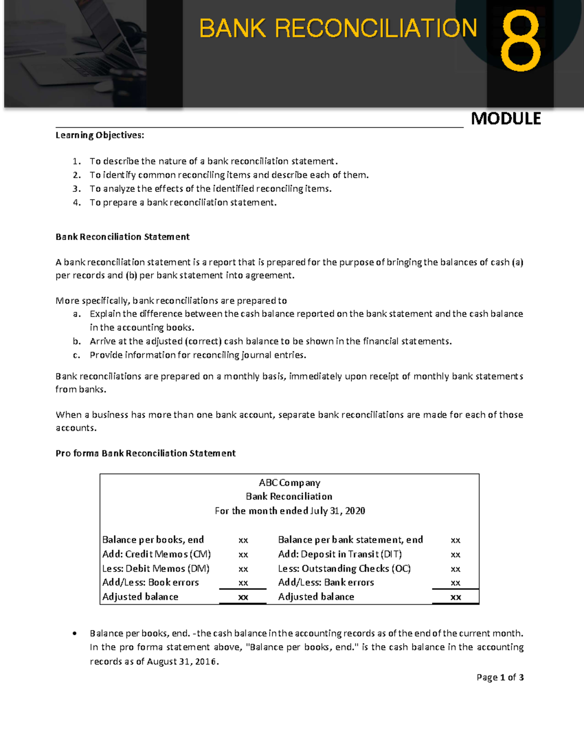 Module 8 - accountancy - Page 1 of 3 BANK RECONCILIATION 8 - Studocu