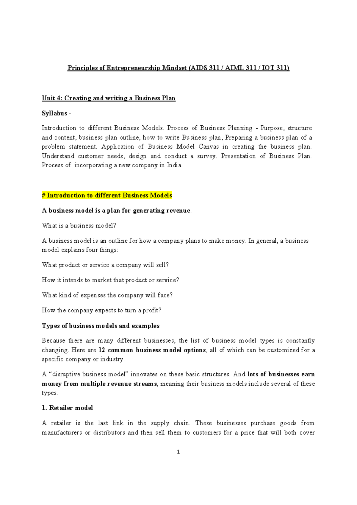 Unit 4 Creating and writing a Business Plan - Principles of ...