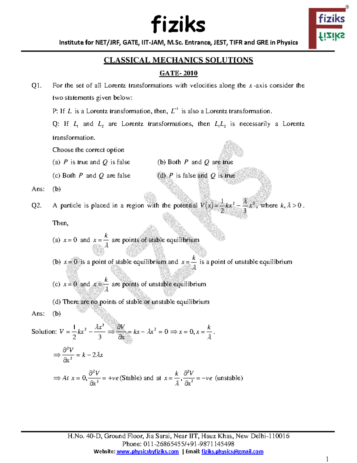 2.Classical Mechanics GATE - Institute for NET/JRF, GATE, IIT‐JAM, M. Entrance, JEST, TIFR and ...