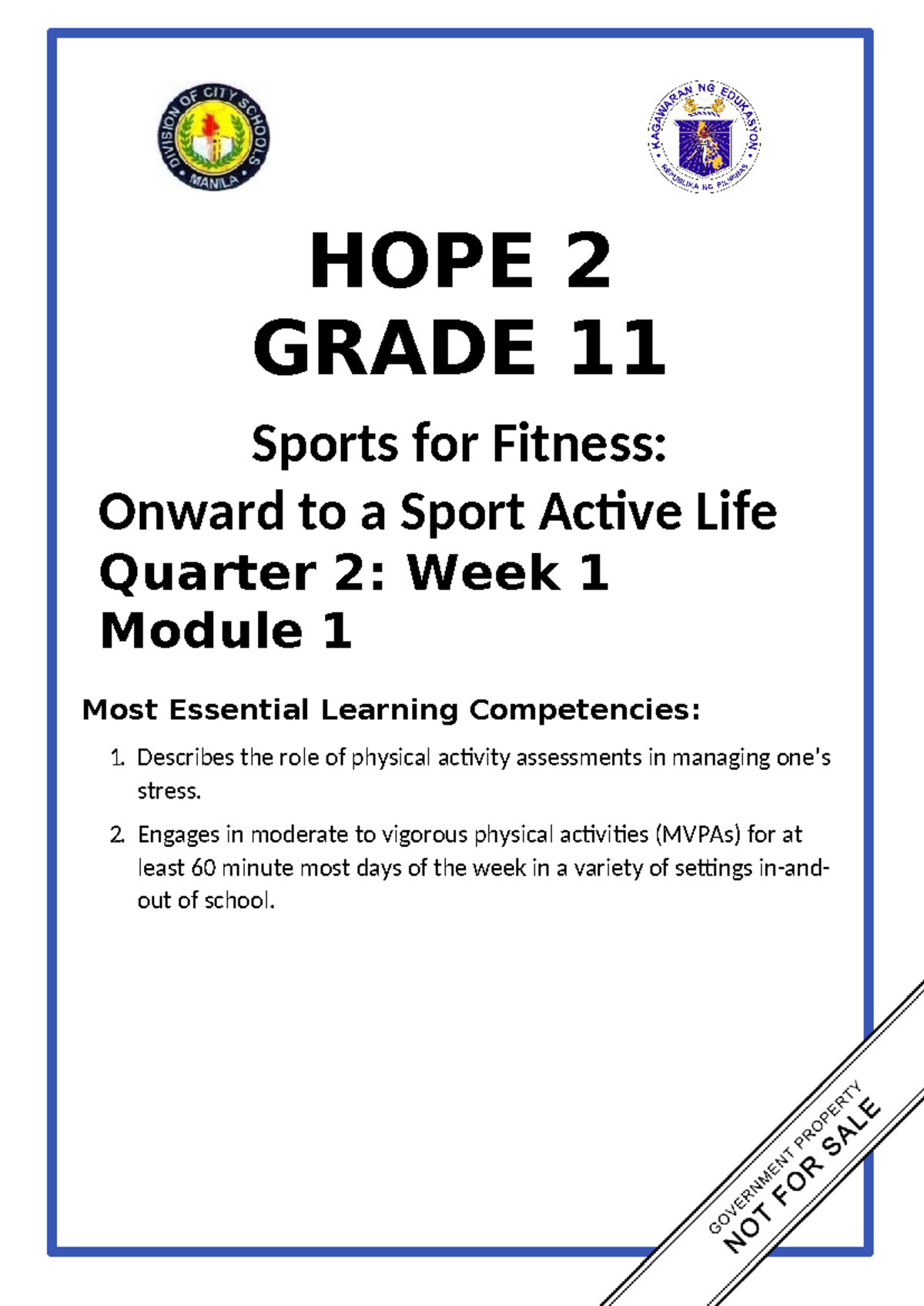 PE 11-WEEK 1 - draft - HOPE 2 GRADE 11 Sports for Fitness: Onward to a ...