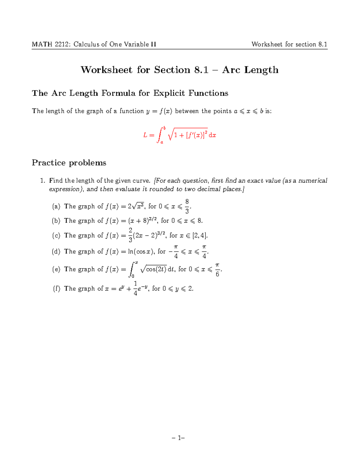 WS 8.1 - Arc Length - .... - MATH 2212: Calculus of One Variable II ...