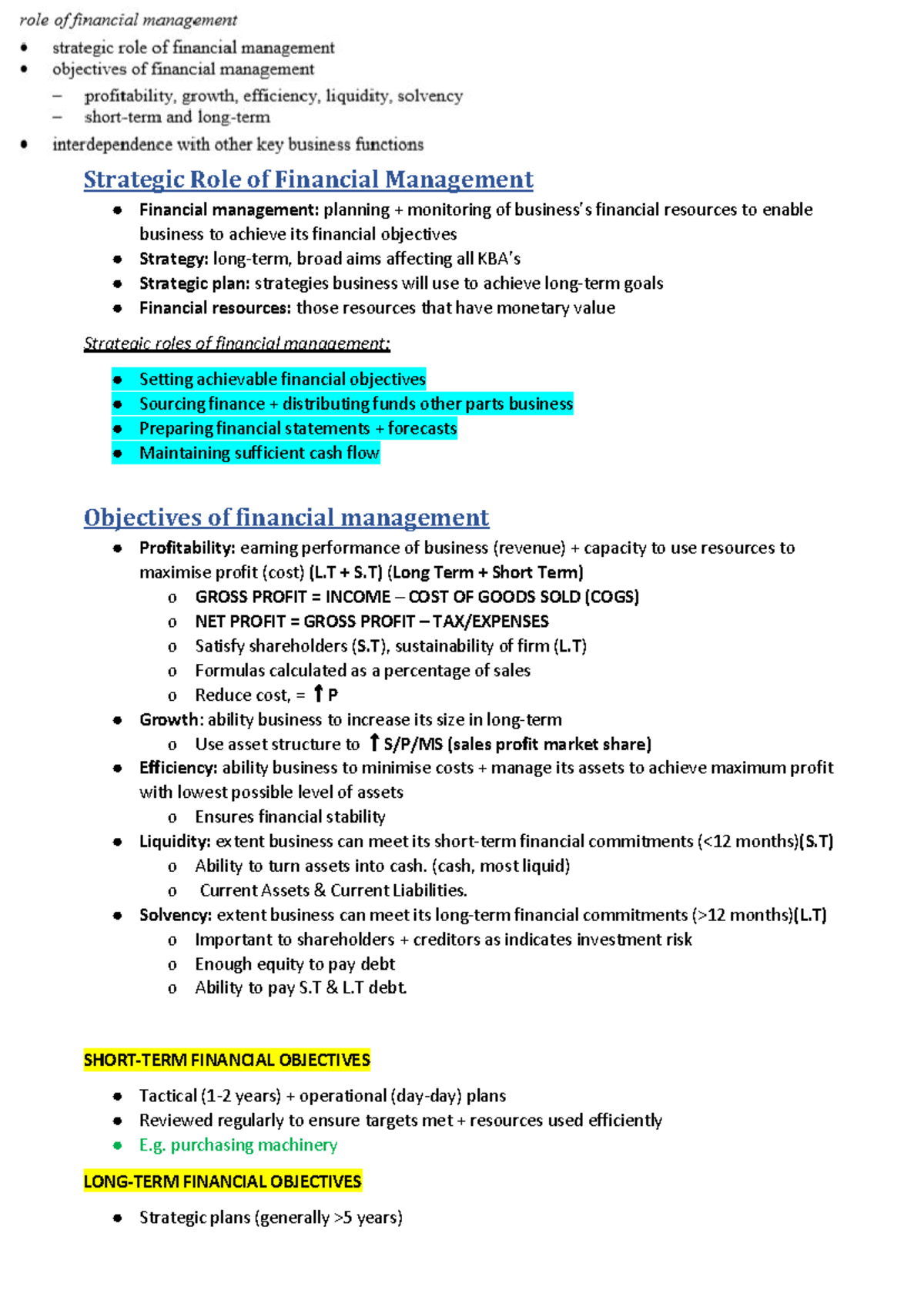 2019 BS CH9 Role of Finance Notes Jack Stewart - Strategic Role of ...