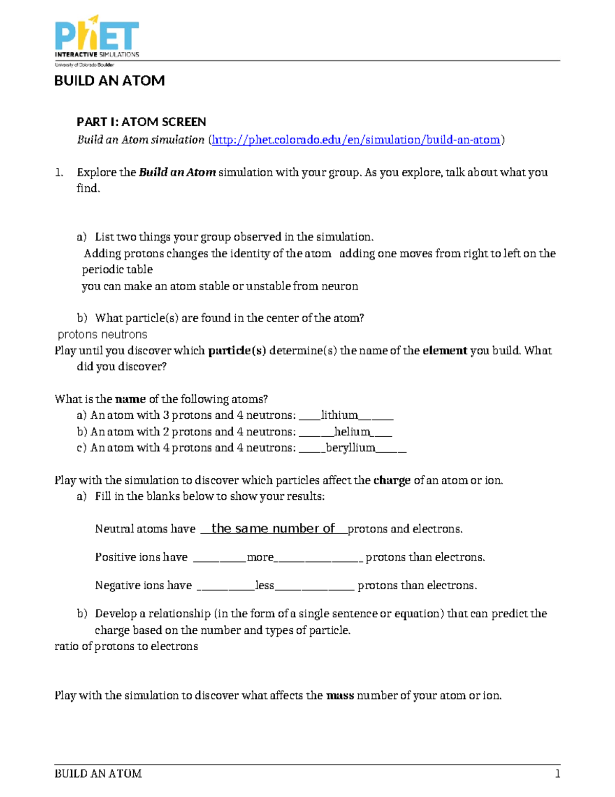 Build An Atom Guided Inquiry Student Handout - BUILD AN ATOM PART I: ATOM SCREEN Build an Atom ...