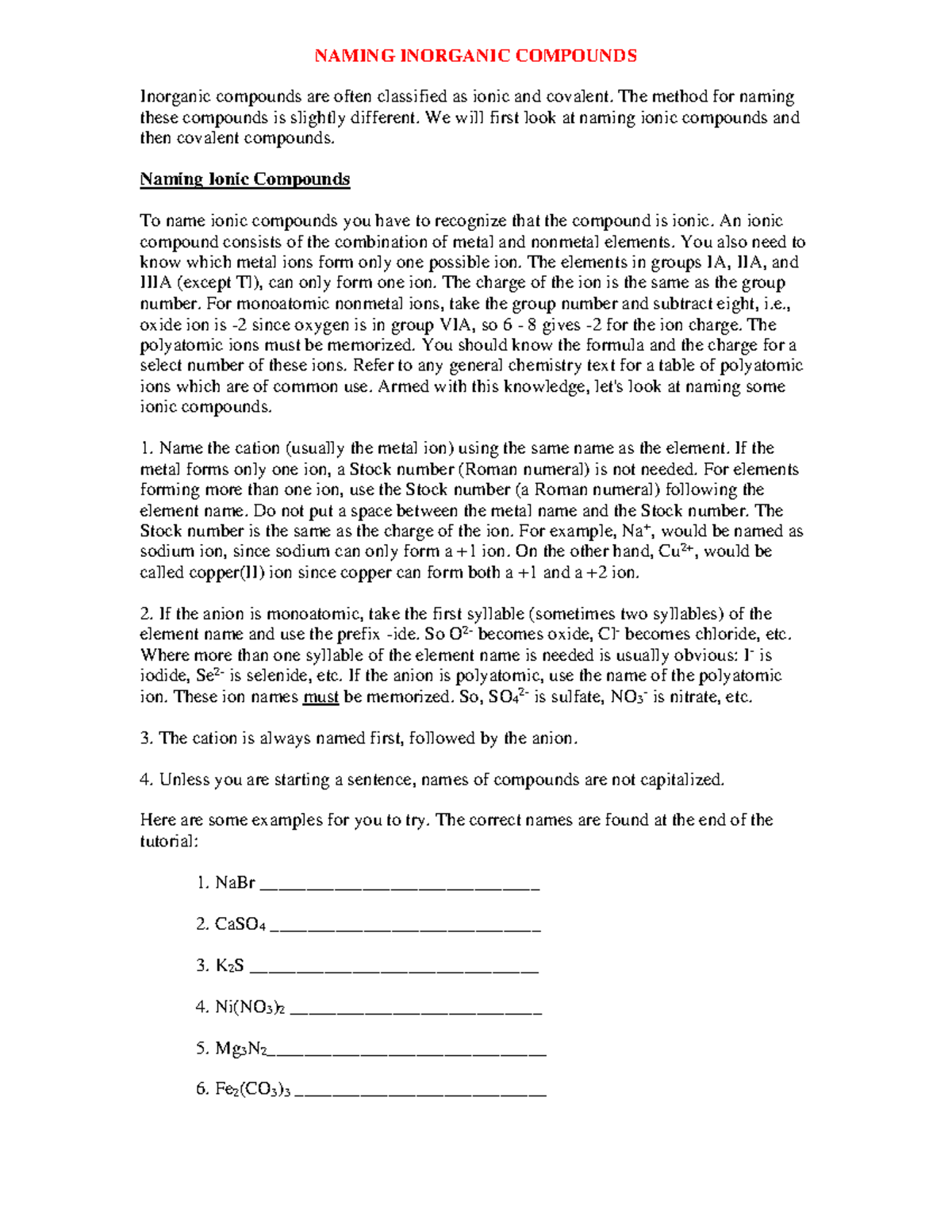 Naming Inorganic Compounds - NAMING INORGANIC COMPOUNDS Inorganic ...