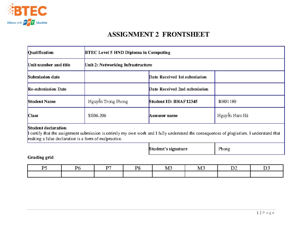 Networking-Assignment 2-Fontsheet - ASSIGNMENT 2 FRONTSHEET ...