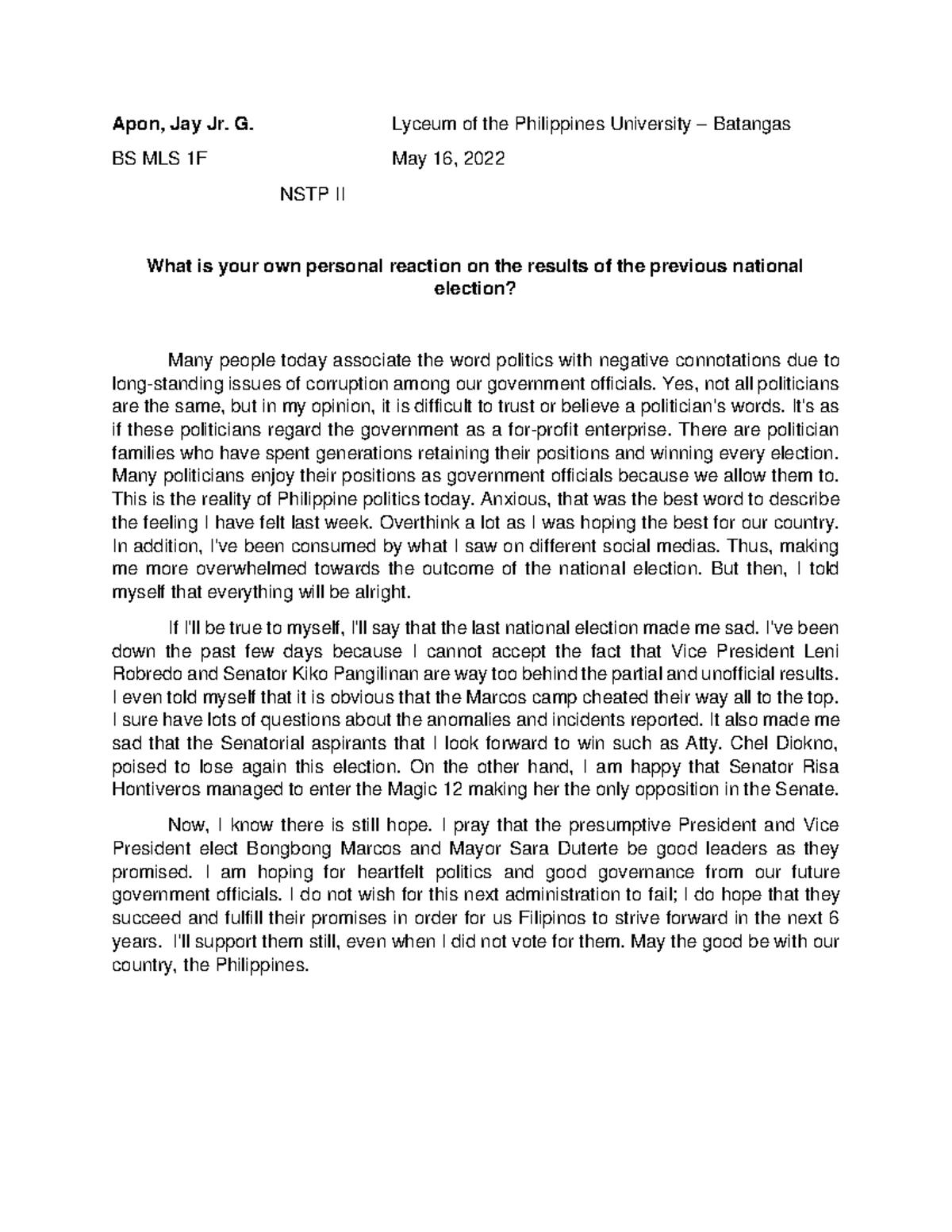 Apon NSTP2 Assignment - Apon, Jay Jr. G. Lyceum of the Philippines ...