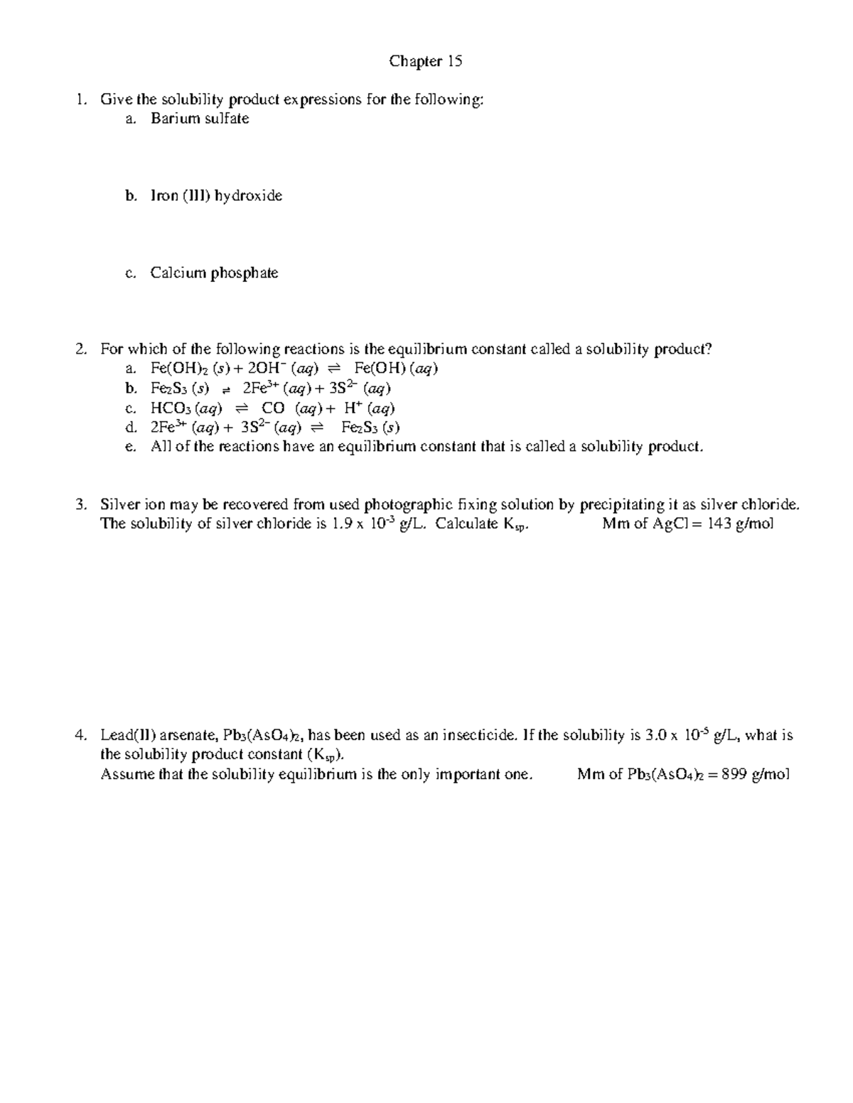 Chapter 15 - Practice worksheets - Give the solubility product ...