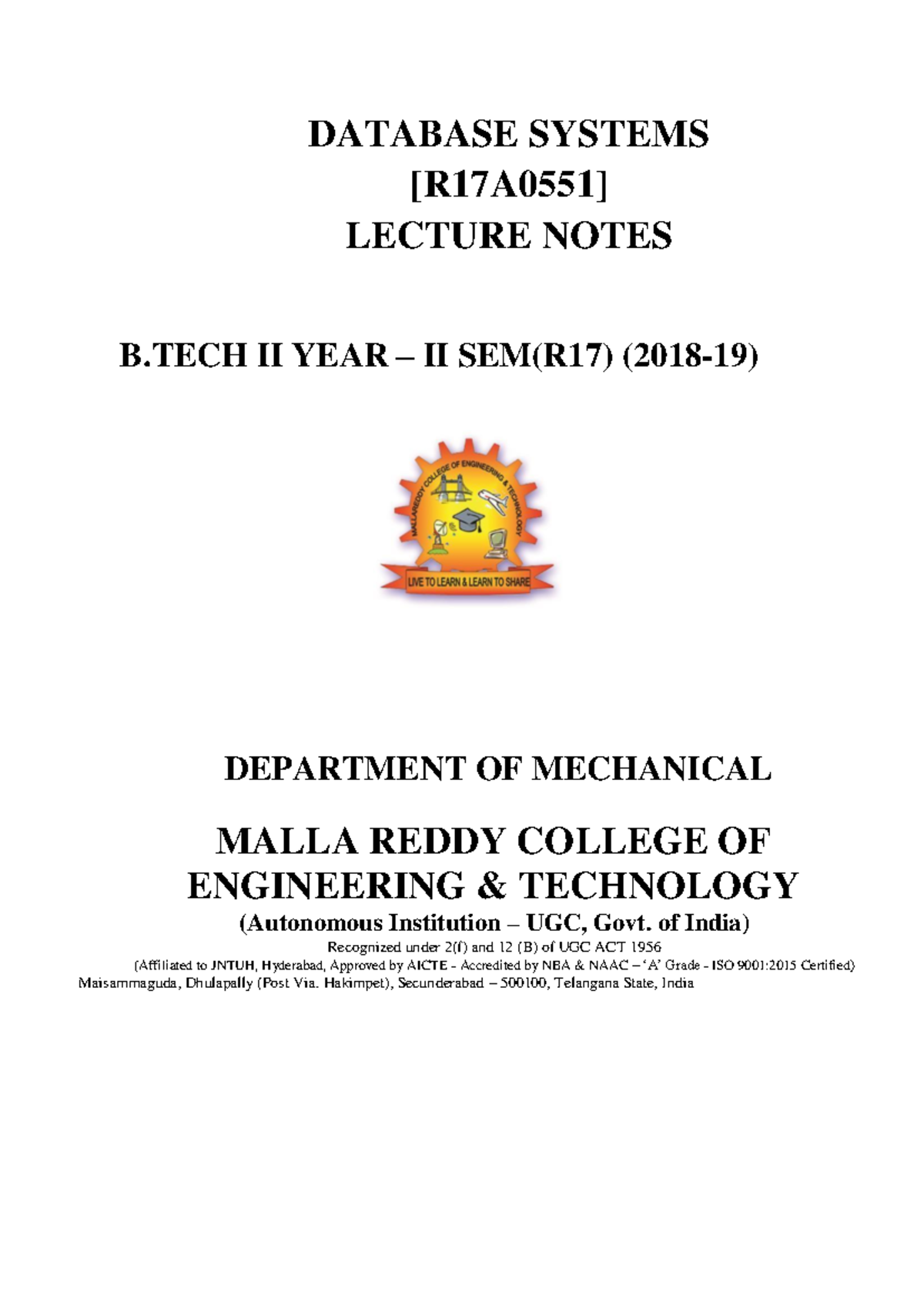 Dbs Notes Database Systems R17a0551 Lecture Notes B Ii Year Ii Semr17 2018 1 9
