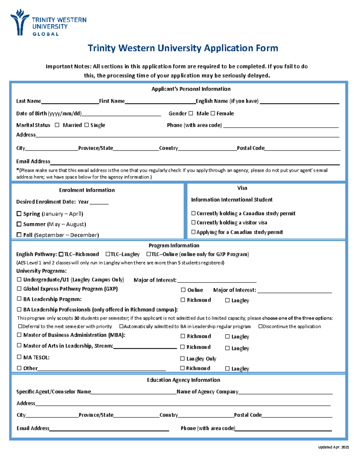 Trinity Western University Application Form updated Apr 2021 - Trinity ...