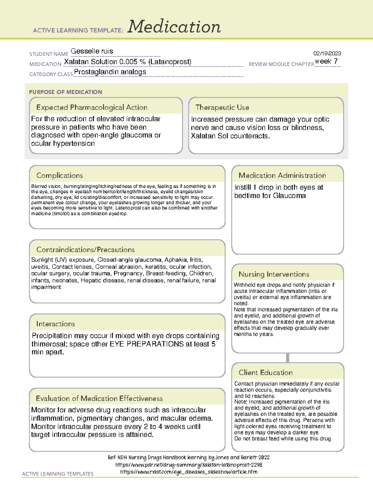 Xalatan week 7 - med s - ACTIVE LEARNING TEMPLATES Medication STUDENT ...