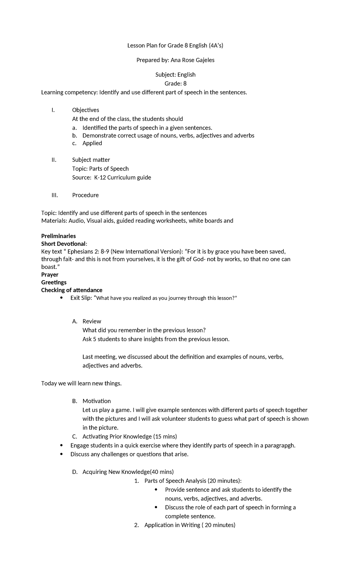 4A's Lesson Plan 1 - Lesson Plan for Grade 8 English (4A’s) Prepared by ...