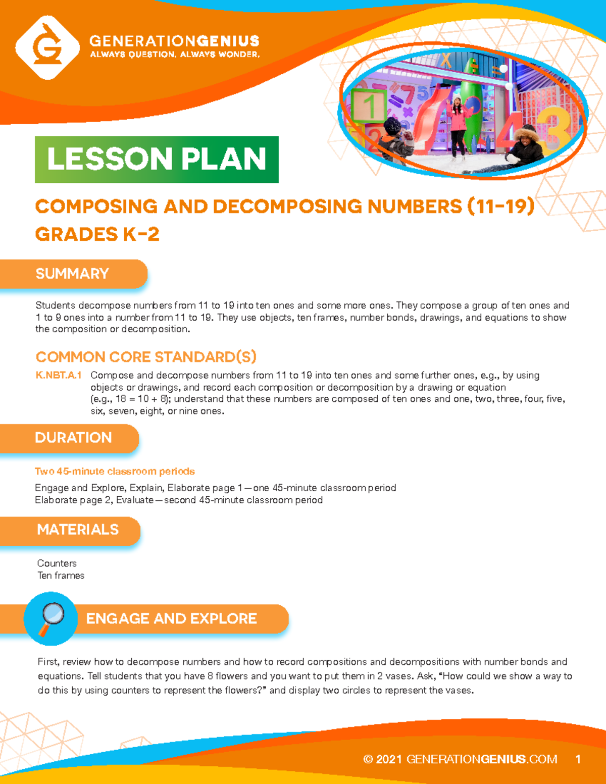 Composing and Decomposing Numbers (11-19) Lesson Plan for Grades K-2 ...