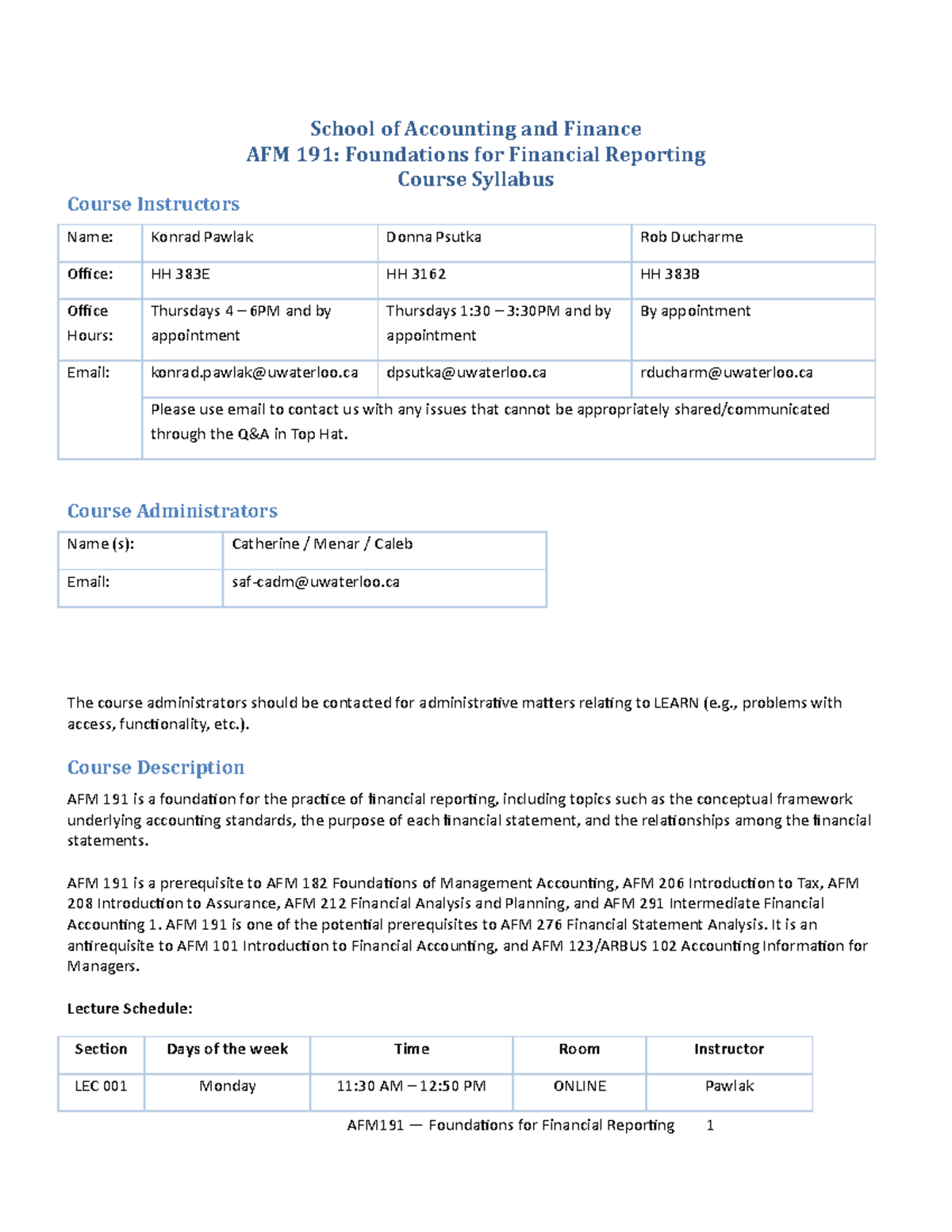 AFM 191 Syllabus (Fall 2022) - School of Accounting and Finance AFM 191 ...
