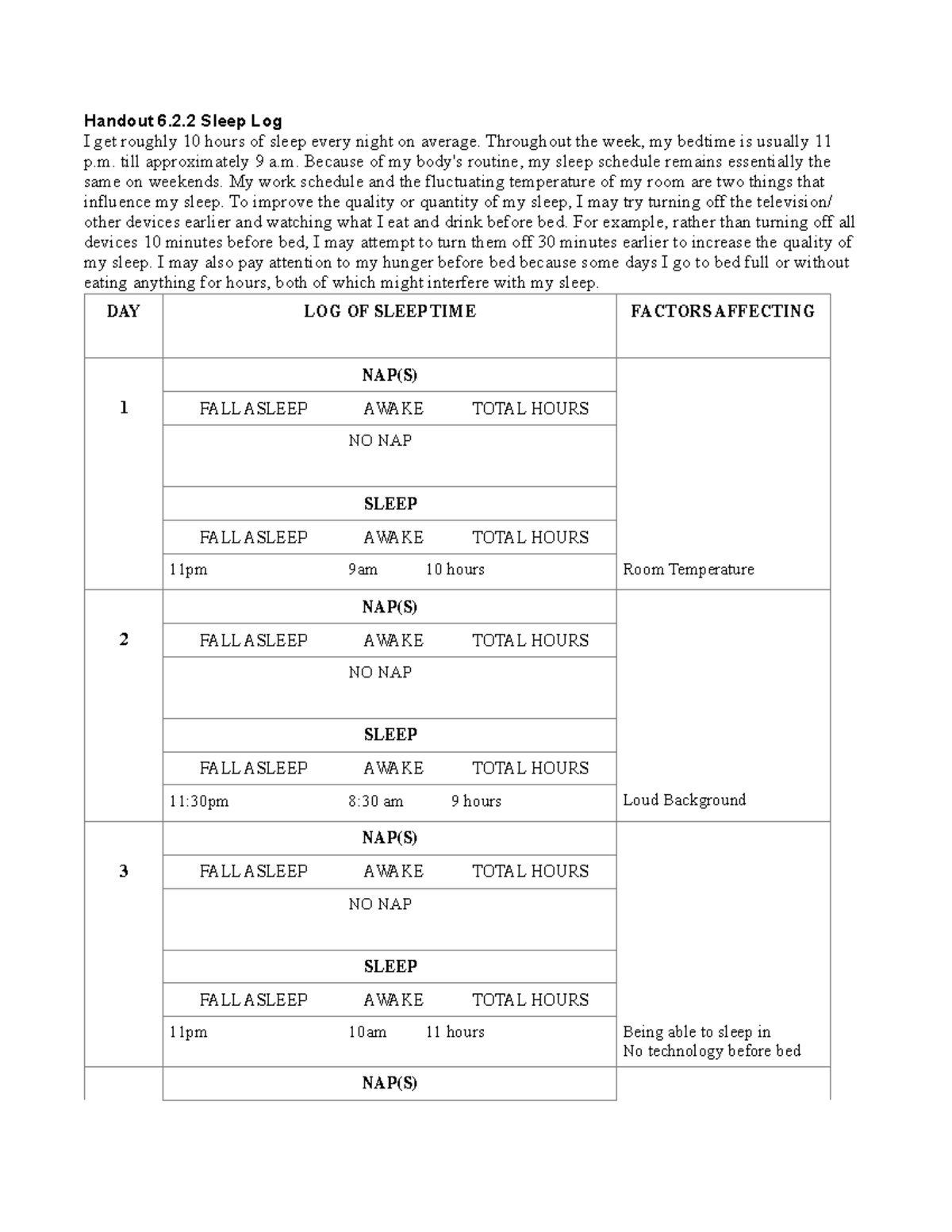 Sleep Log - description - Handout 6.2 Sleep Log I get roughly 10 hours ...