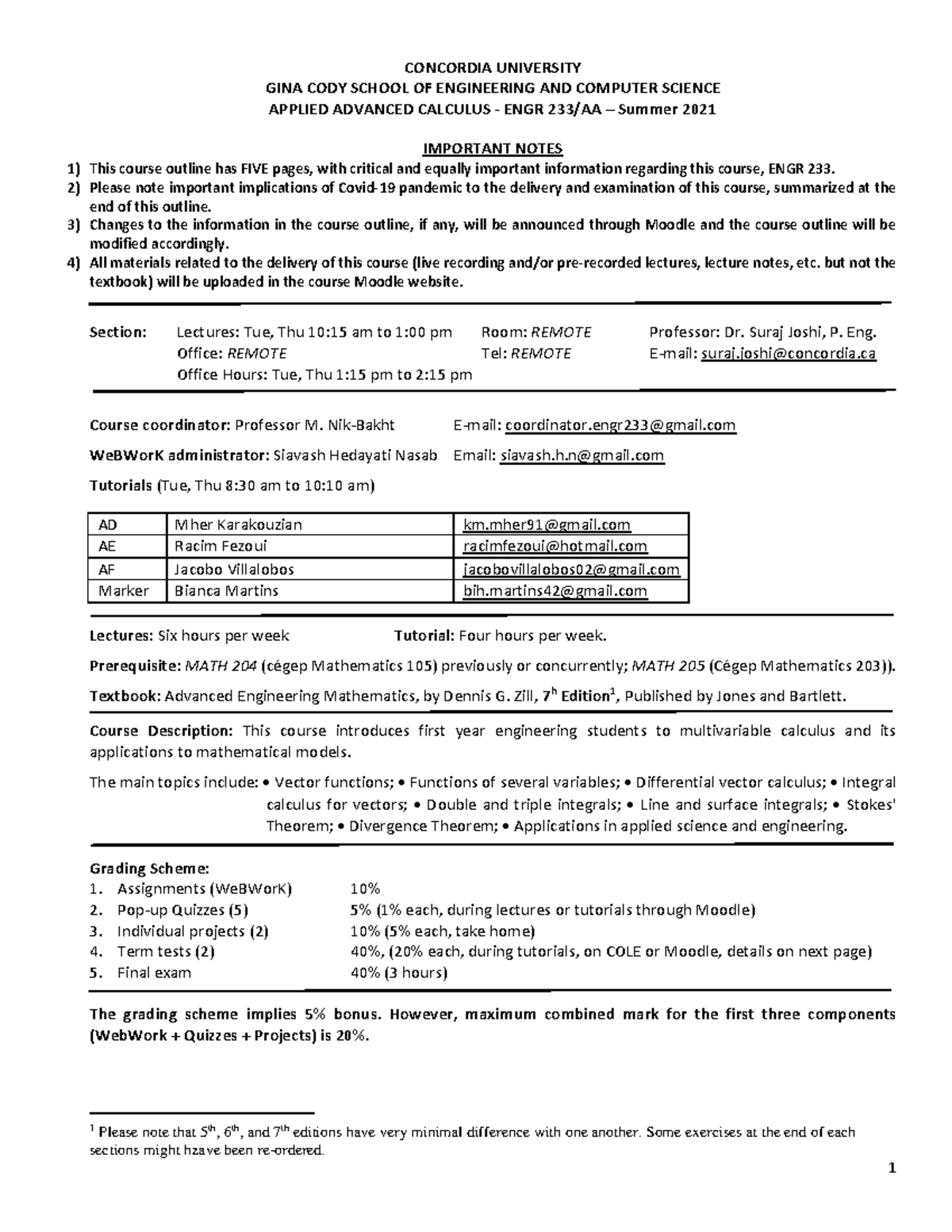 ENGR 233 Course Outline Summer 2021 - CONCORDIA UNIVERSITY GINA CODY SCHOOL OF ENGINEERING AND ...