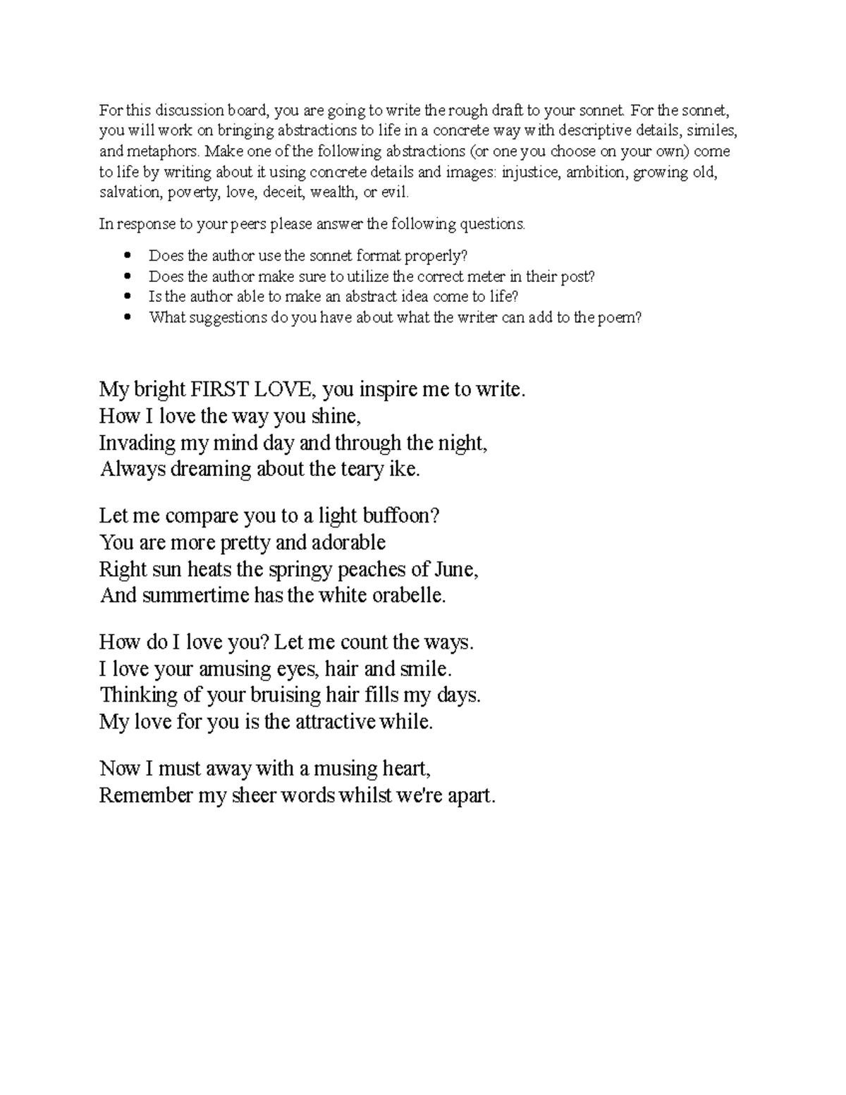 Assignment Unit 1 Sonnet - For this discussion board, you are going to ...