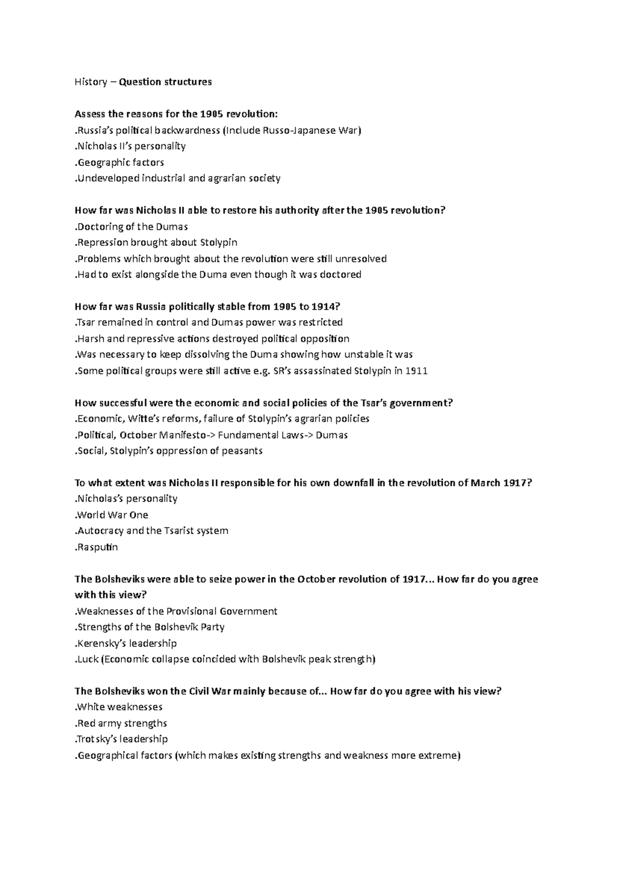 Question structure s - Notes - History – Question structures Assess the ...