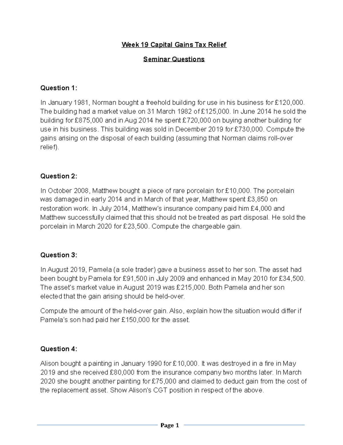 Week 19-Capital Gains Tax Relief-Questions - Week 19 Capital Gains Tax ...
