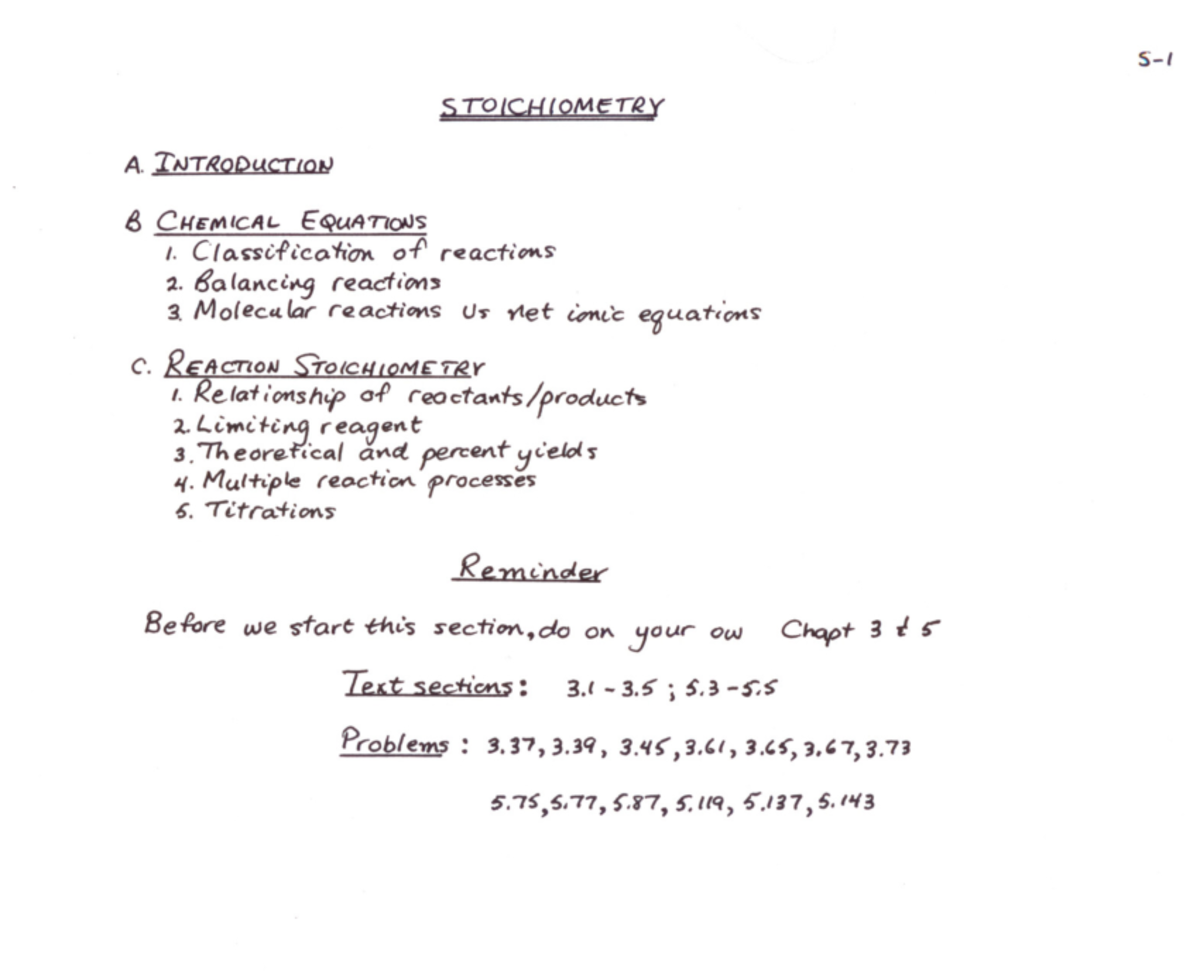 Stoichiometry Unit Notes - 5-1 s rO/CI-f(OMEr~y A. T1JTIlODuCT/{UJ d ...