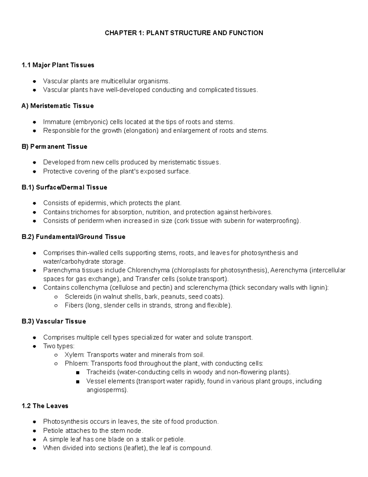 Genbio-notes - Notes - CHAPTER 1: PLANT STRUCTURE AND FUNCTION 1 Major ...