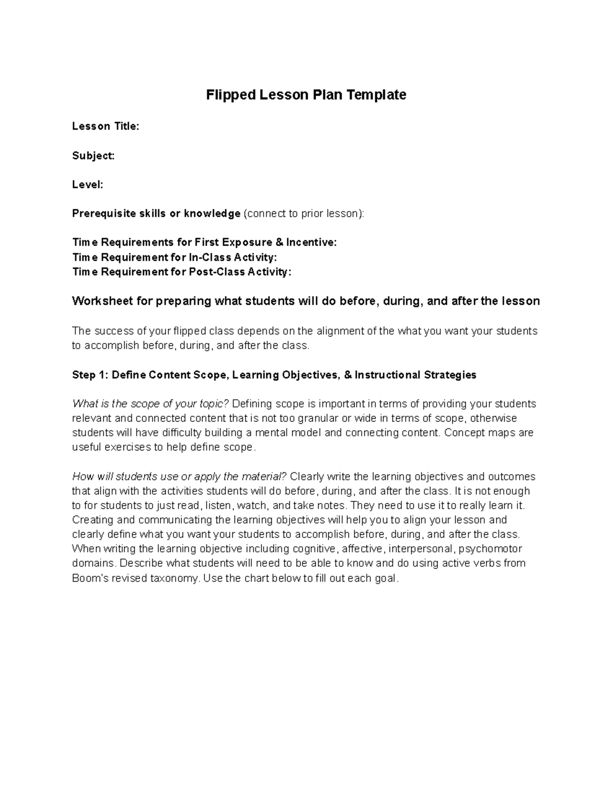 Flipped Lesson Plan Template - Flipped Lesson Plan Template Lesson ...