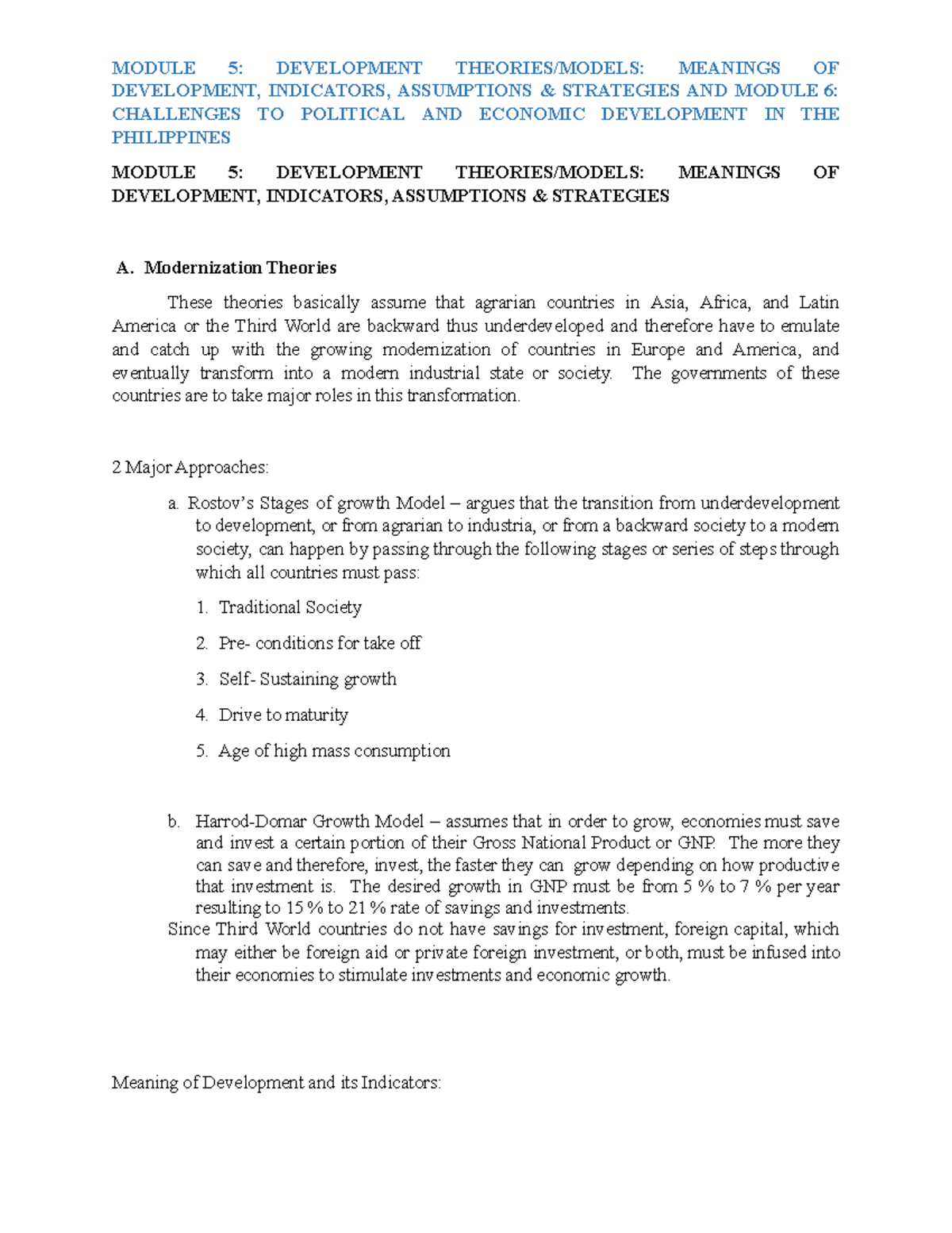 BPA100- Module 5 AND Module 6 - DEVELOPMENT, INDICATORS, ASSUMPTIONS ...