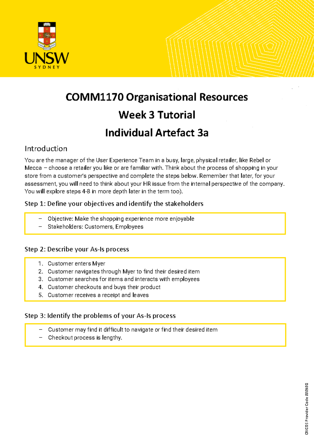 V2 Tutorial Worksheet 1 (Artefact 3a) - CRICOS Provider Code 00098G ...
