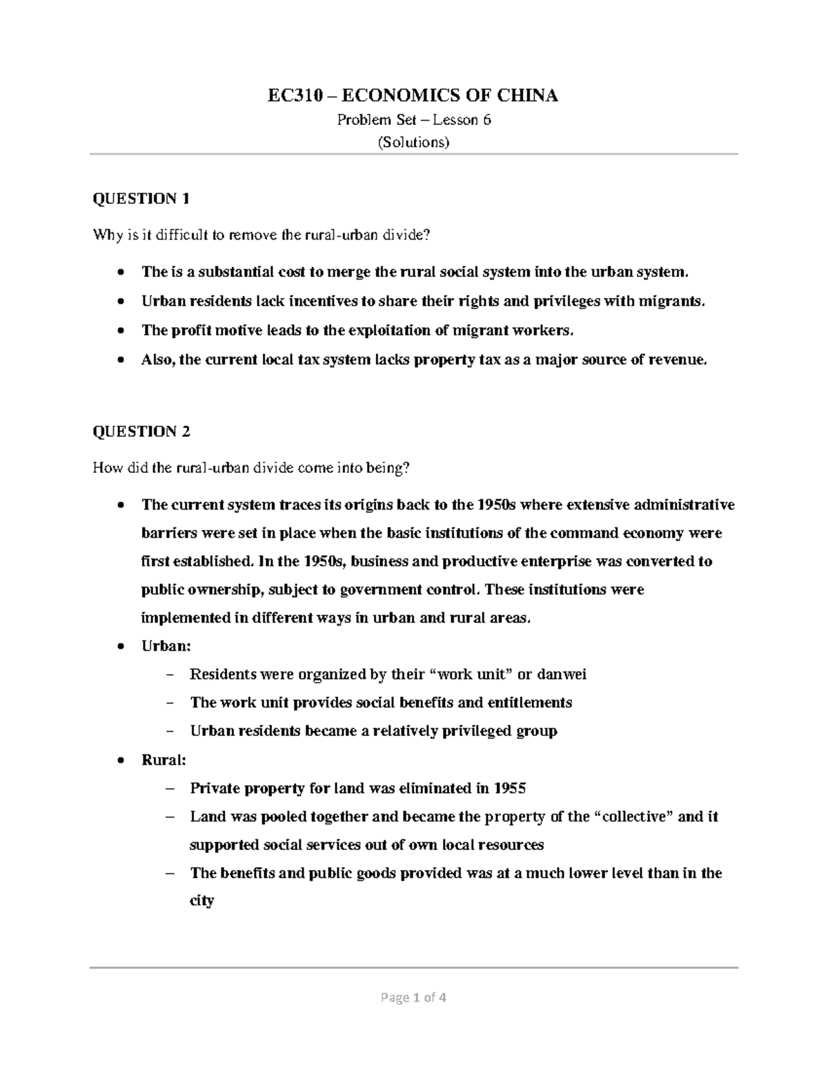 EC310 G- exercise - EC310 – ECONOMICS OF CHINA Problem Set – Lesson 6 (Solutions) QUESTION 1 Why ...