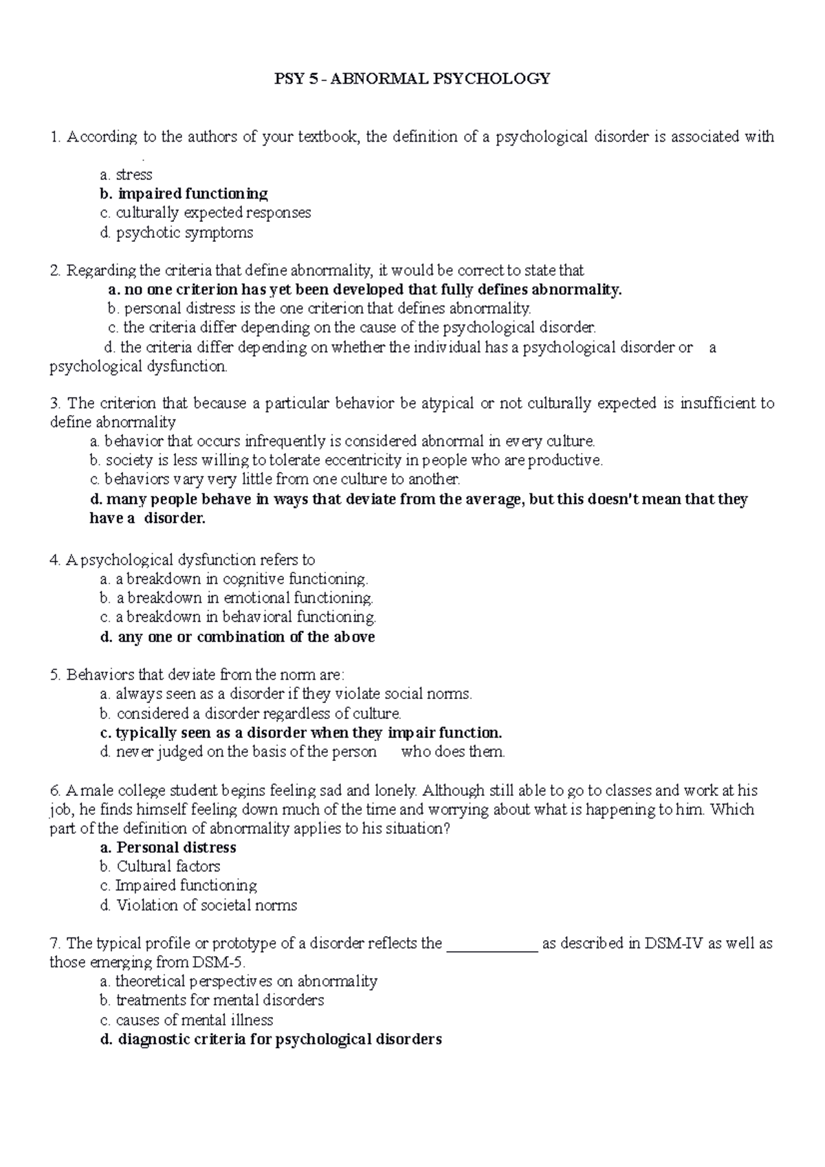 PSY-5-A - guide questions - PSY 5 ABNORMAL PSYCHOLOGY 1. According to ...