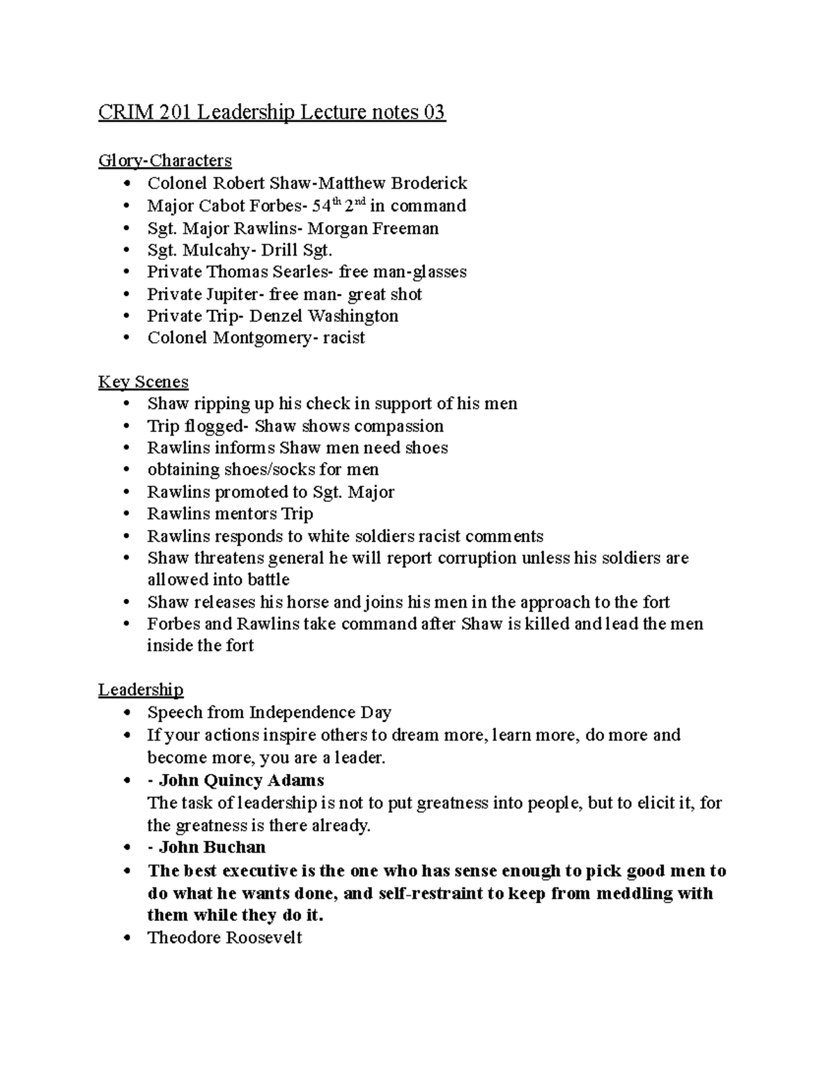 CRIM 201 Leadership 03 - Lecture notes 3 - Major Morgan Freeman Sgt ...