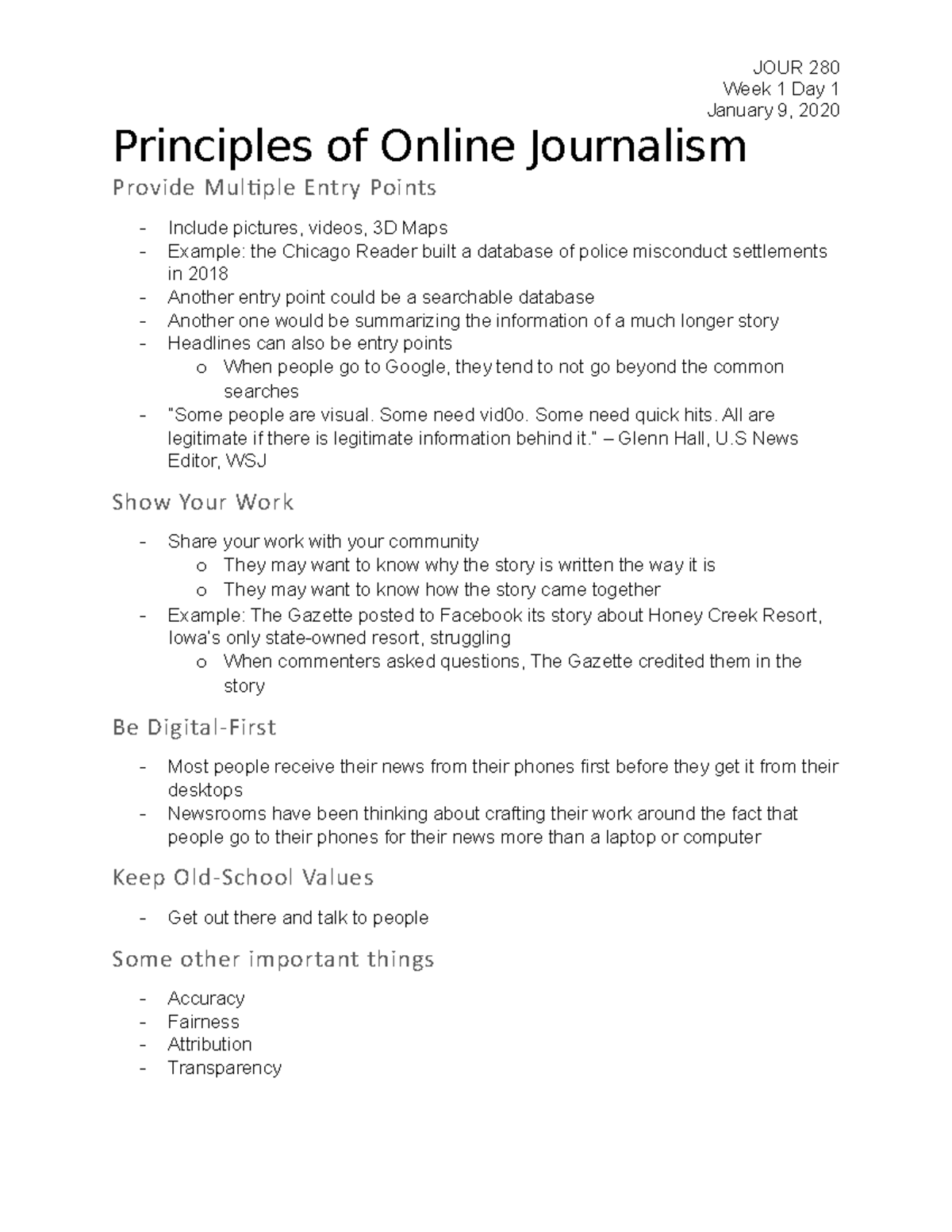Principles of Journalism - JOUR 280 Week 1 Day 1 January 9, 2020 ...