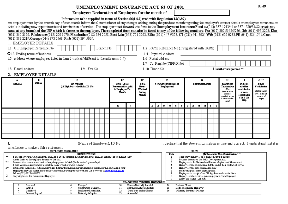 UI-19 - UNEMPLOYMENT INSURANCE ACT 63 OF 2001 UI- Employers Declaration ...