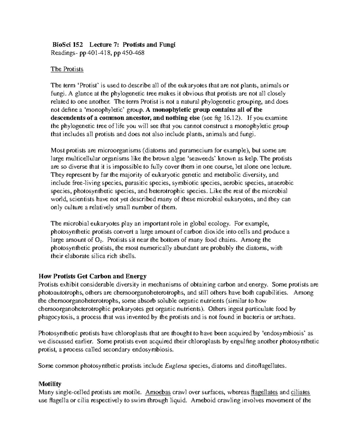 Lect7 Protists Fungi Notes - BioSci 152 Lecture 7: Protists and Fungi ...