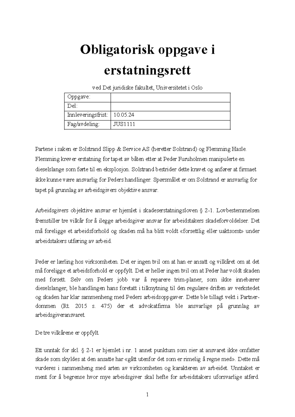 Obligatorisk oppgave - Erstatningsrett - Obligatorisk oppgave i erstatningsrett ved Det ...