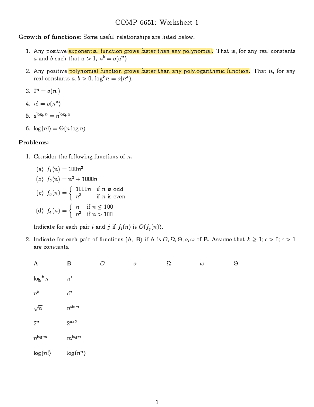 Worksheet 1 - COMP 6651: Worksheet 1 Growth of functions: Some useful ...