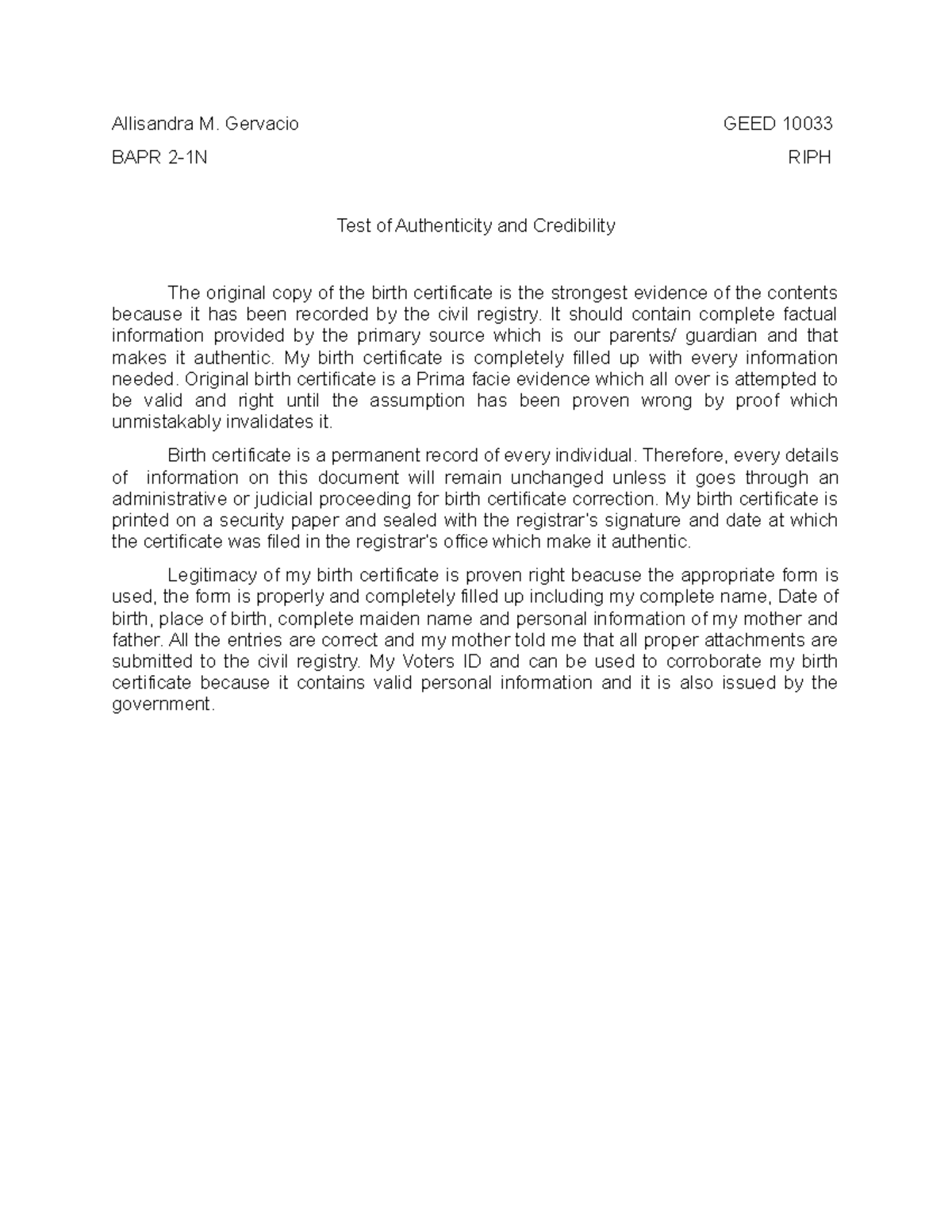 Test of Authenticity and Credibility - Allisandra M. Gervacio GEED ...