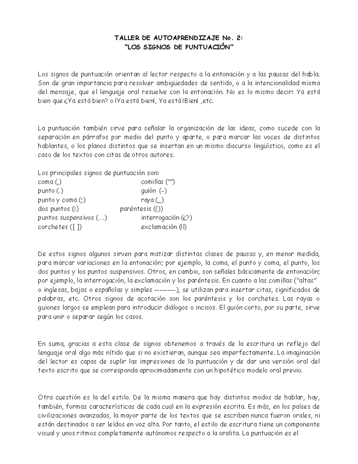 Taller de aprendizaje. Los signos de puntuacion - TALLER DE ...