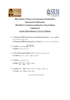 Unit I Part A - MCQ - 18MAB201T/ Transforms and Boundary Value Problems Part-A 1 . The order and ...