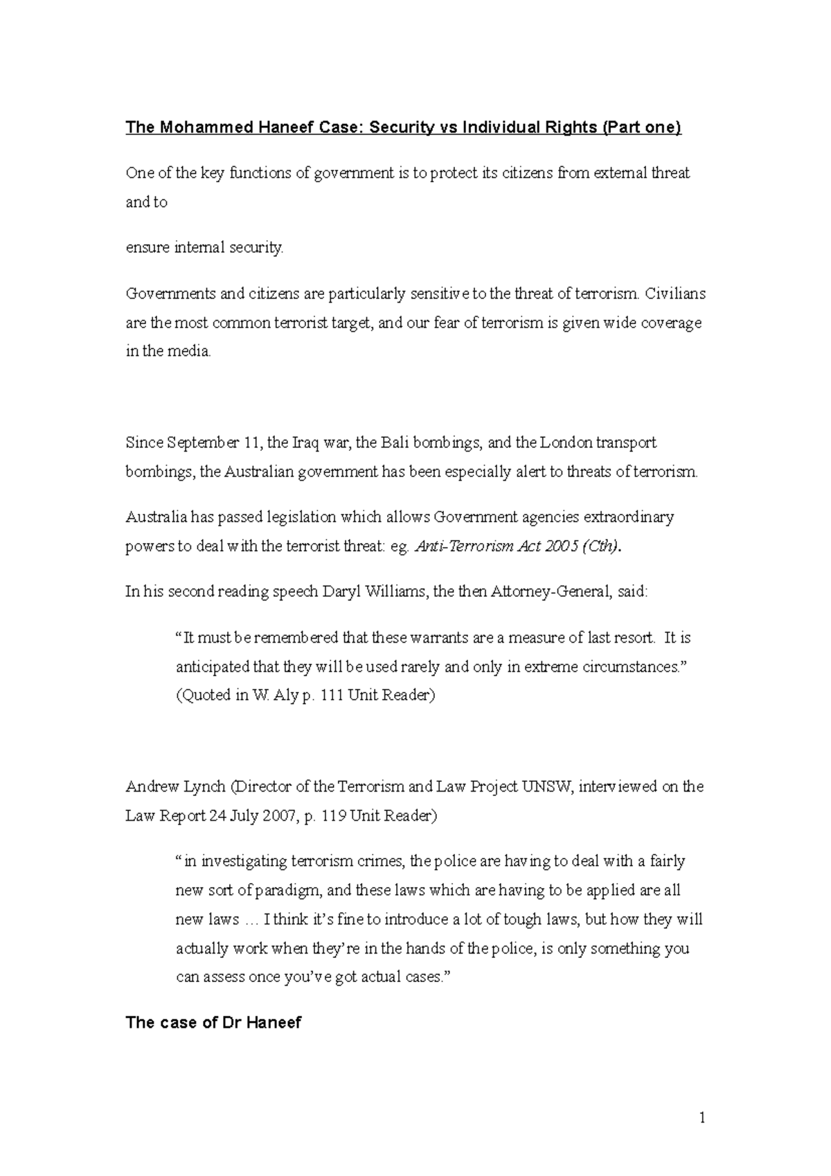 The Mohammed Haneef Case Security v Individual Rights - Governments and ...