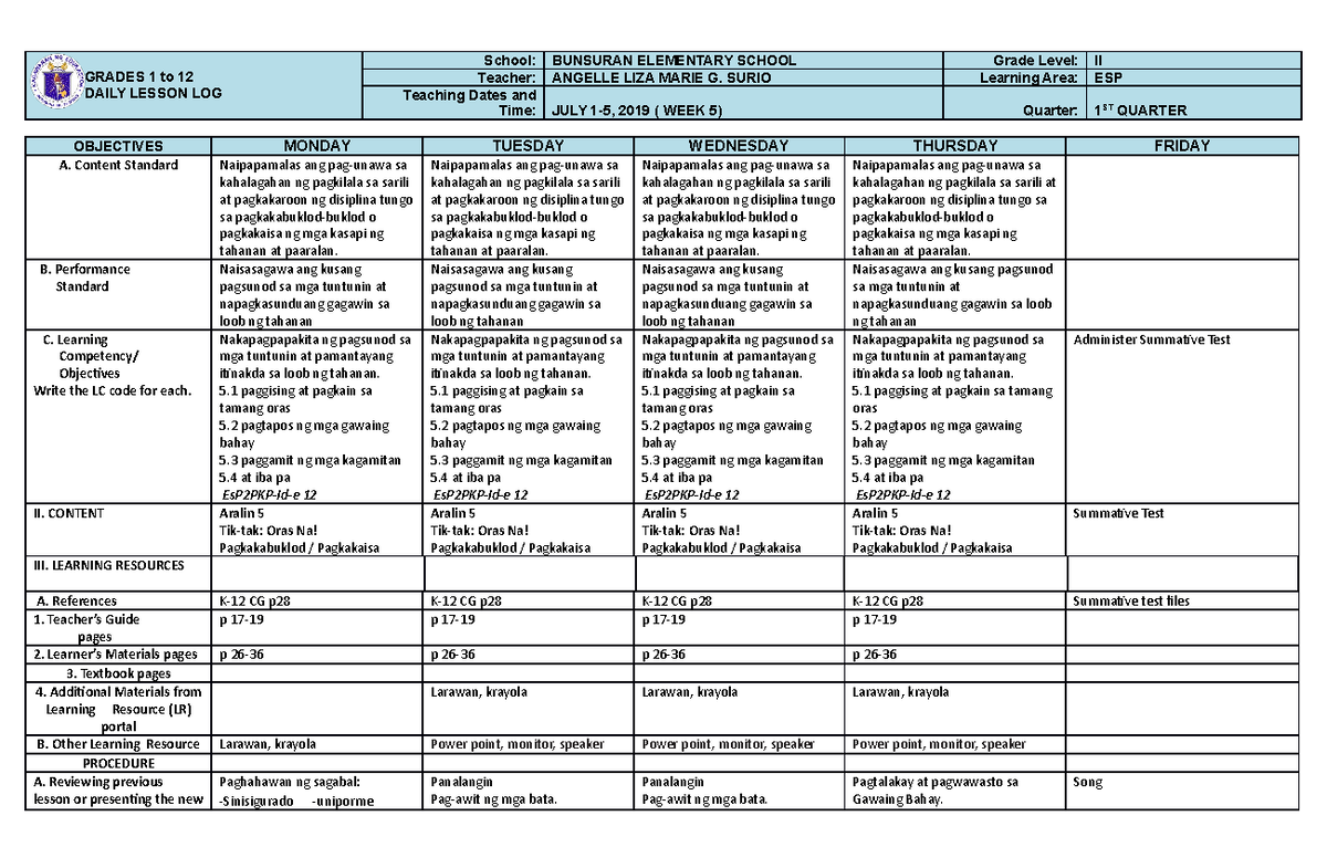 DLL ESP 2 Q1 W5 D1 - For lesson plan ideas - GRADES 1 to 12 DAILY ...