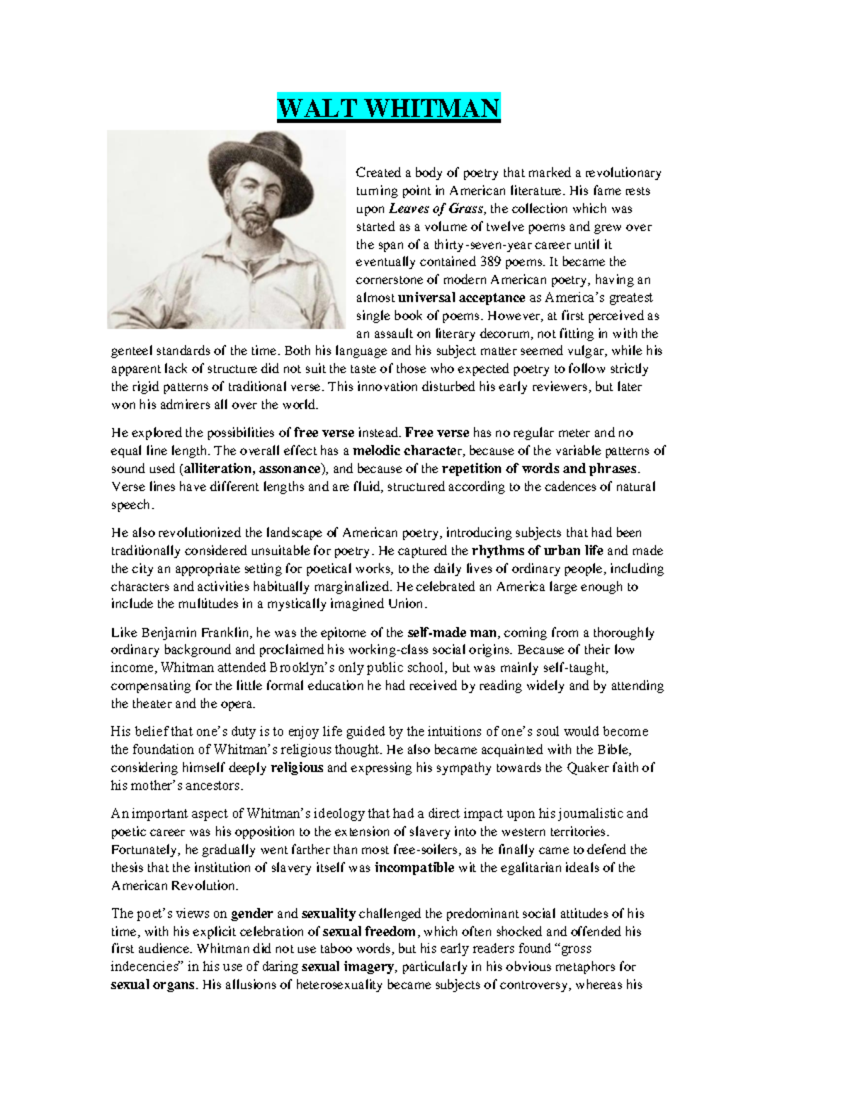 WALT Whitman - Summary and exploratory questions related to the author ...