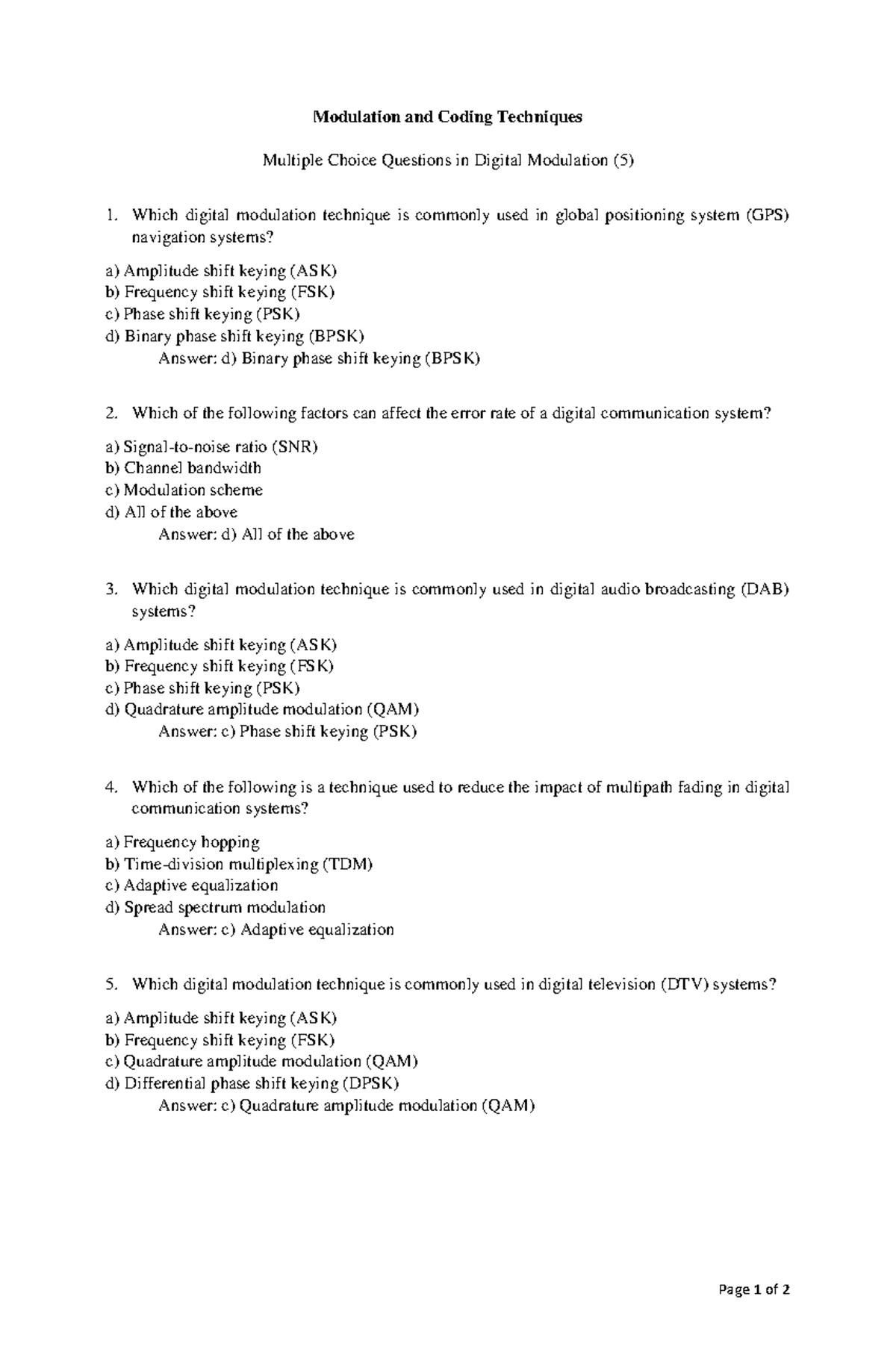MCQ in Digital Modulation (5) - Page 1 of 2 Modulation and Coding Techniques Multiple Choice ...