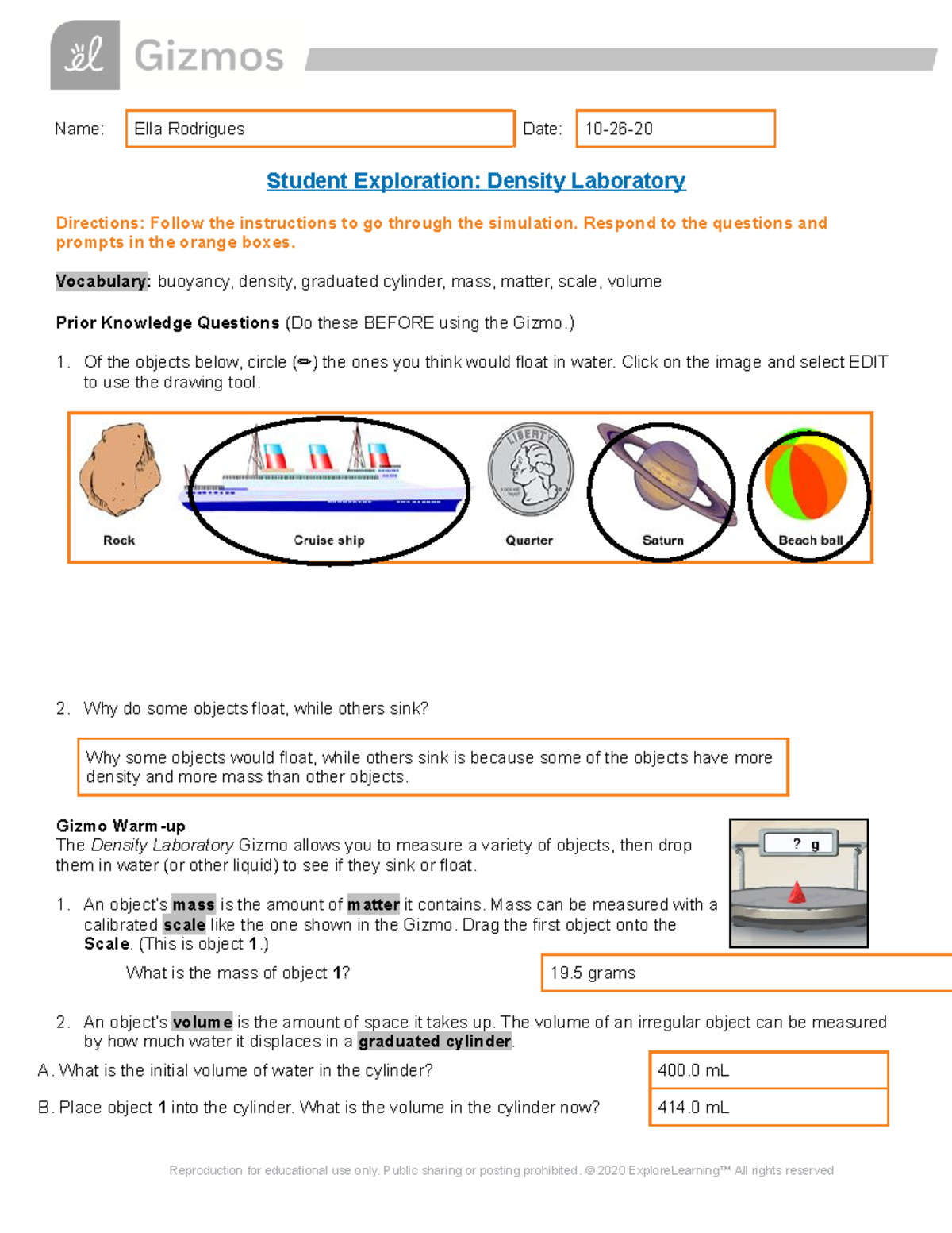 Density Lab Science - Name: Ella Rodrigues Date: 10-26- Student ...