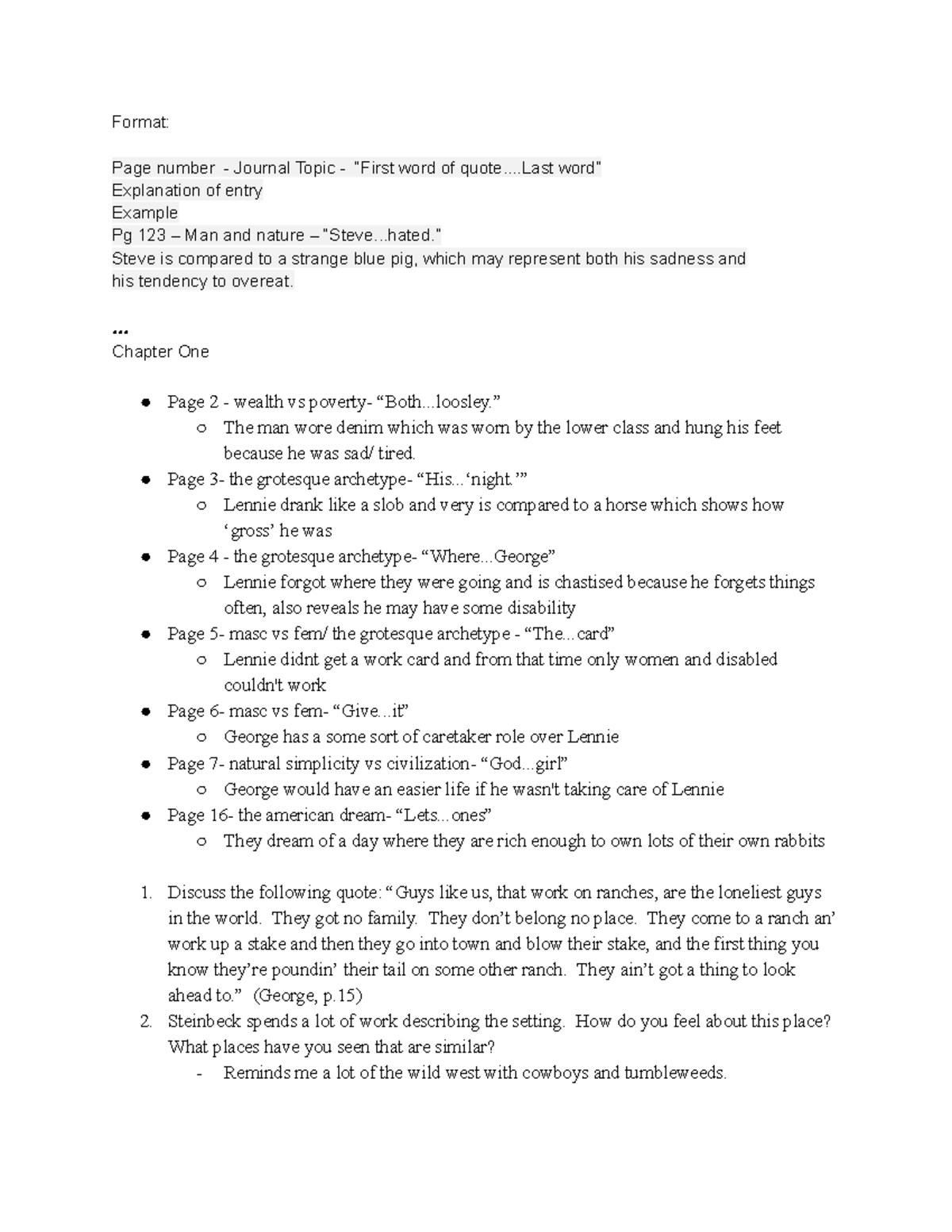 Of Mice Of Men Reading Journal - Format: Page number - Journal Topic ...