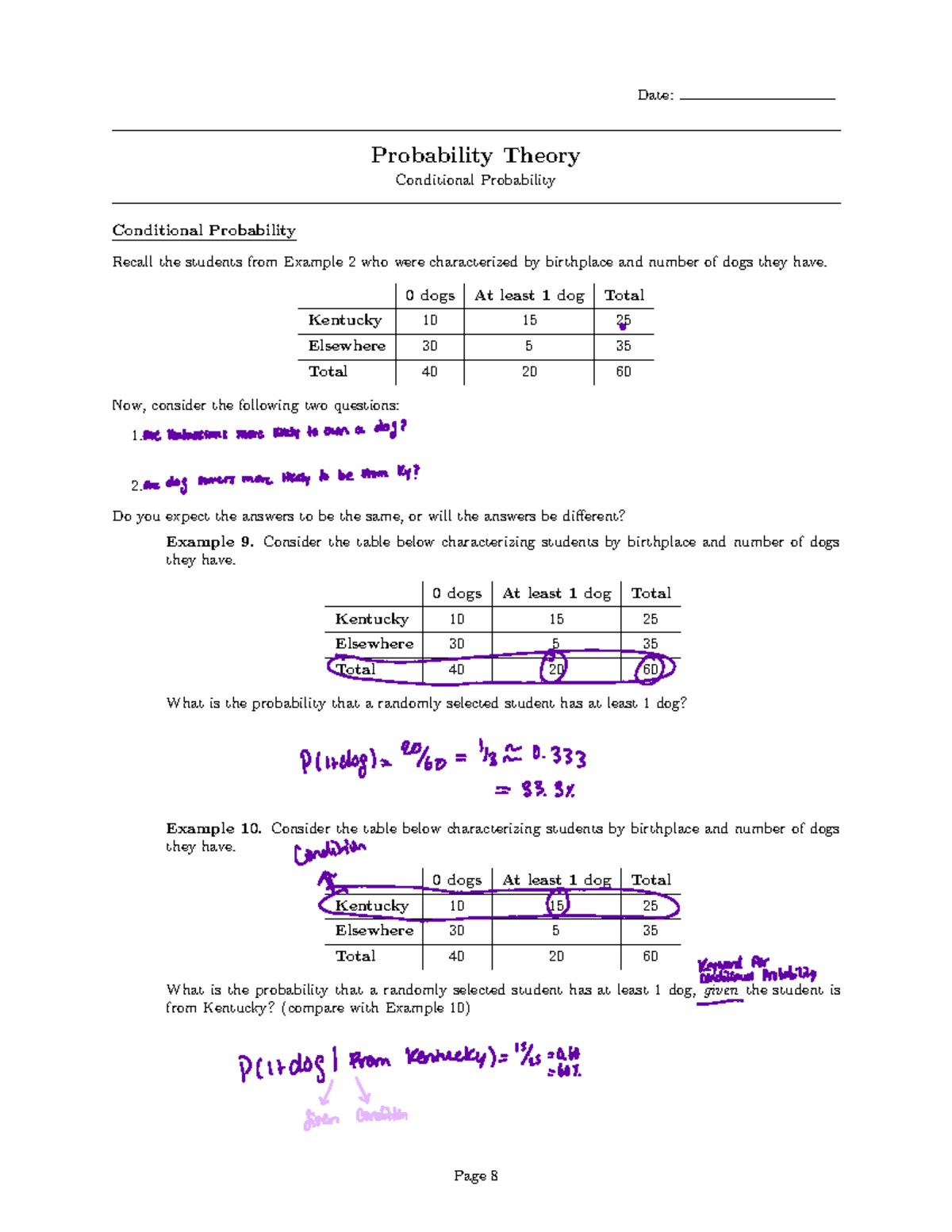 Probability theory + counting principles 8 - Date: Probability Theory Conditional Probability ...